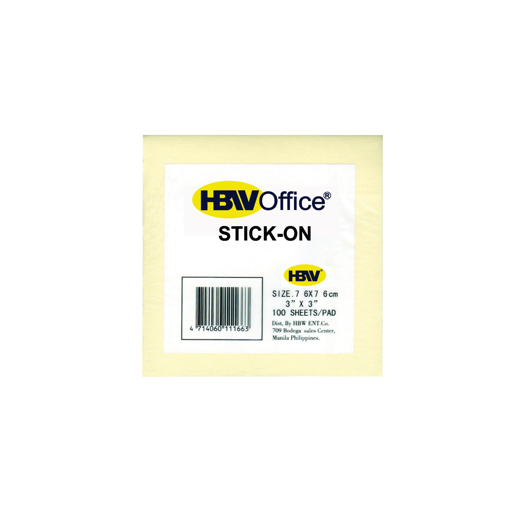 HBWOffice Stick-On Note Pad 3" x 3" - HBW