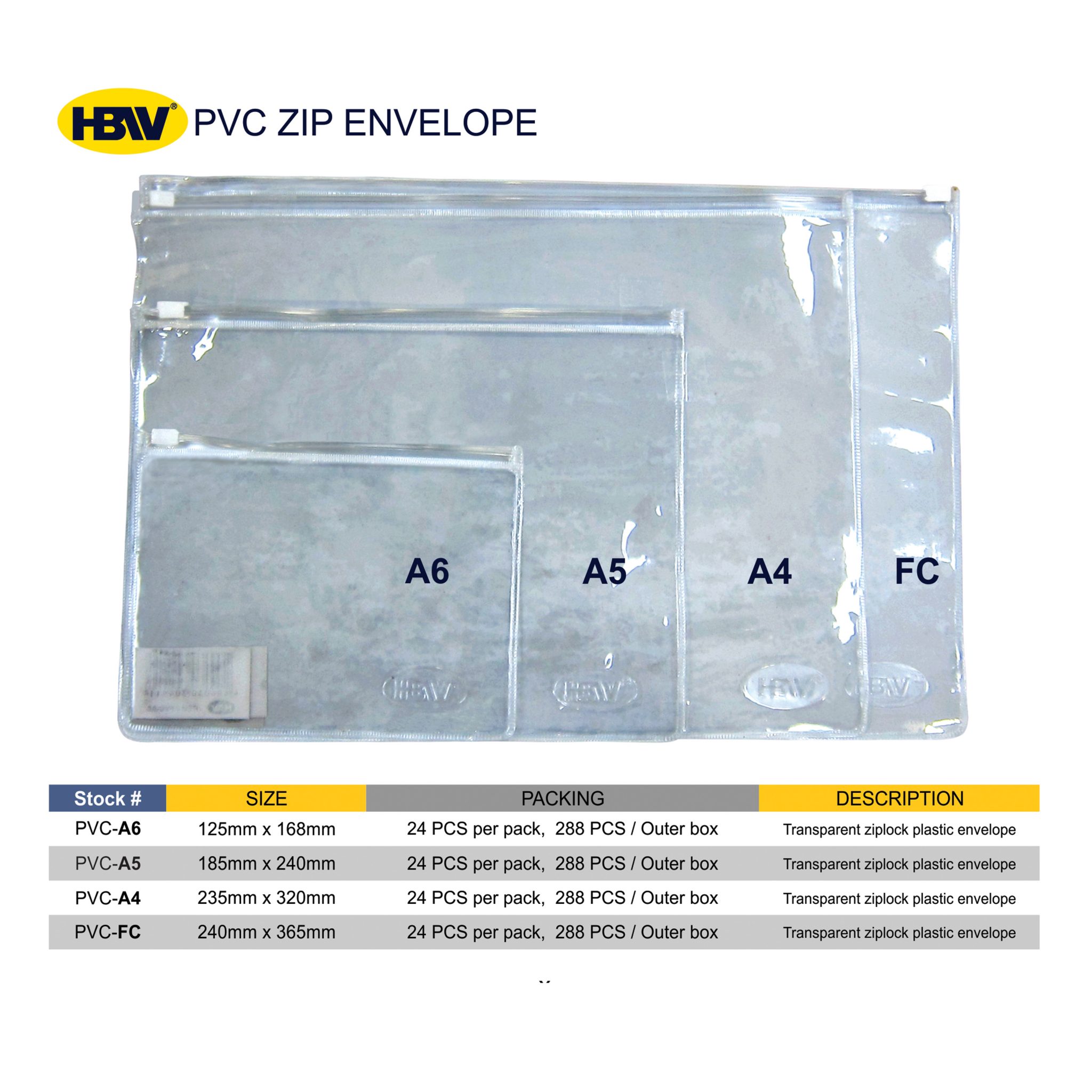HBW PVC ZIP ENVELOP (A6, A5, A4, FC) - HBW