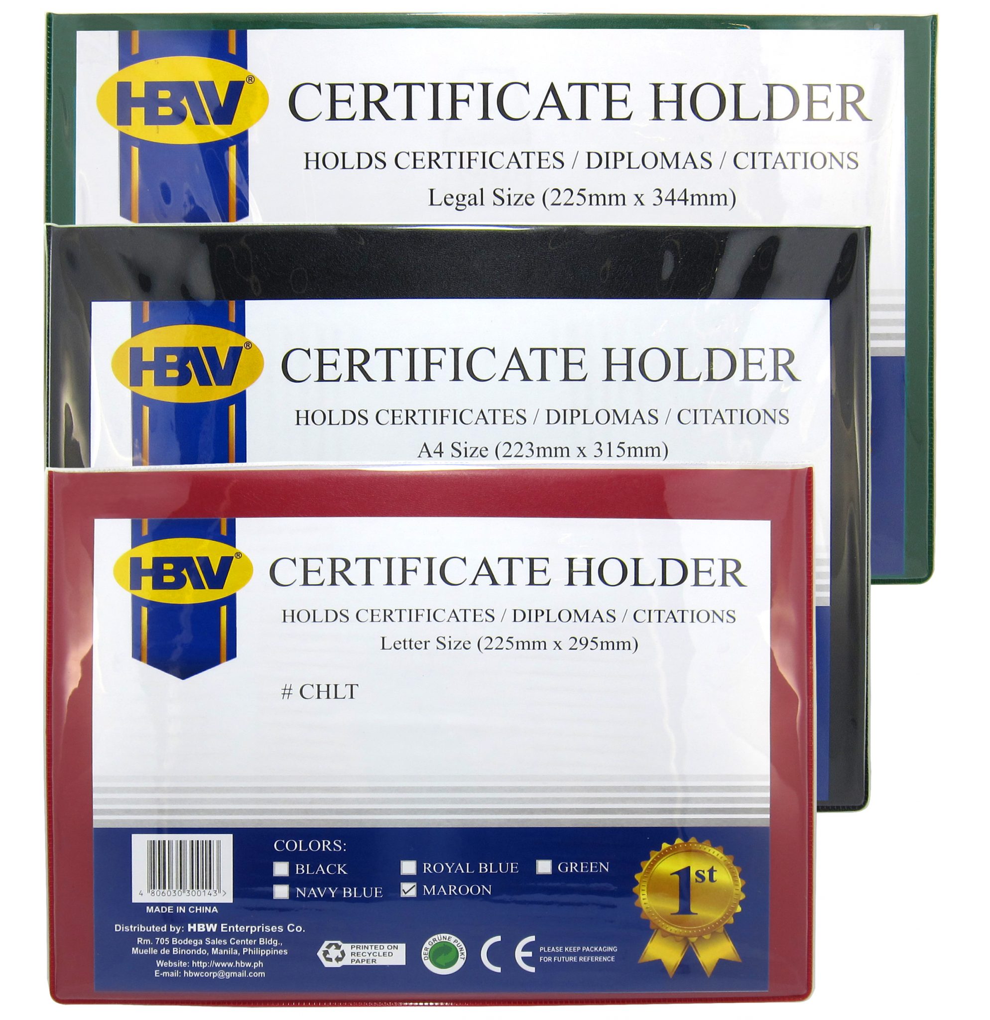 HBW CERTIFICATE HOLDER A4, LETTER, LEGAL - HBW
